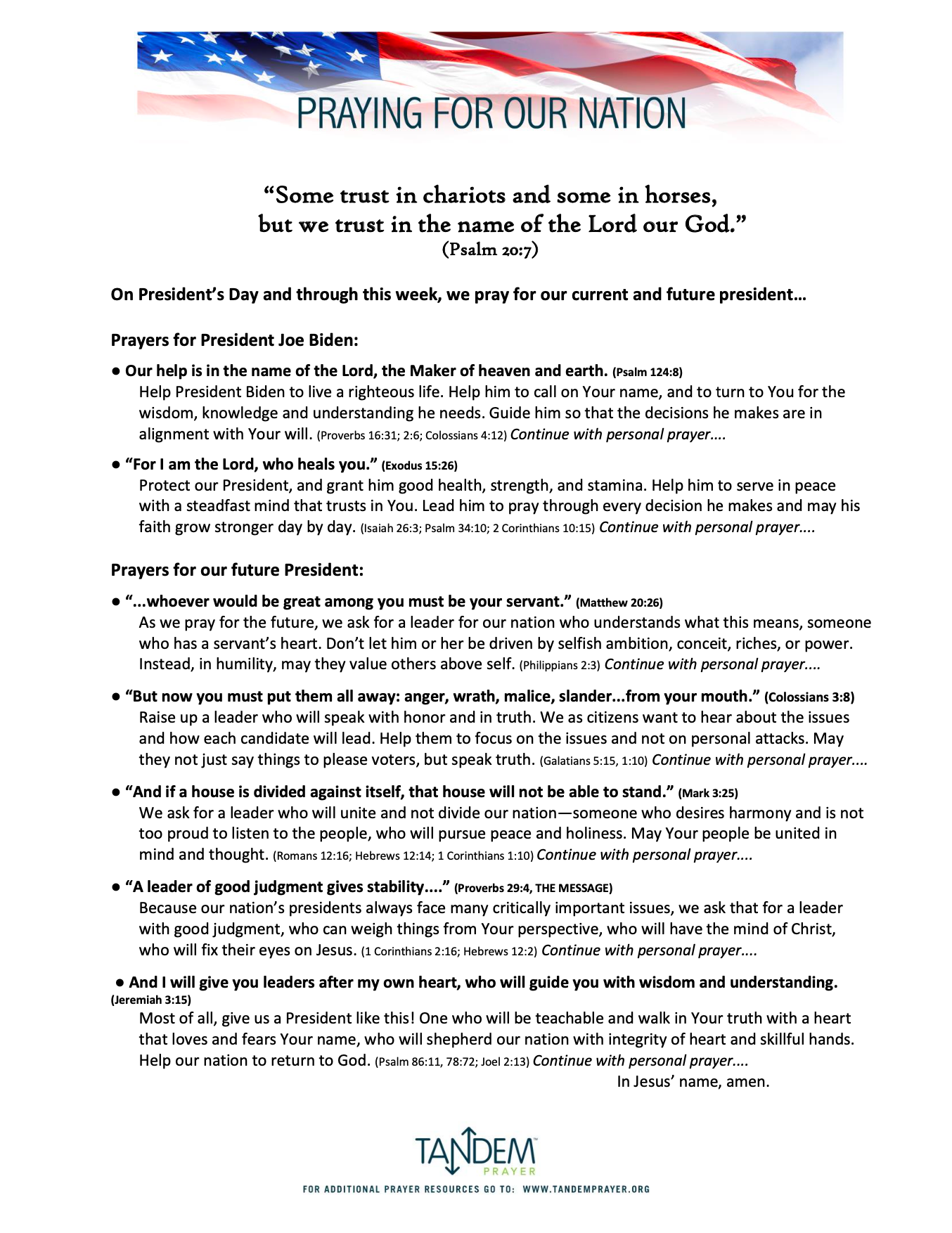 Prayer Guide for Our Nation - Tandem Prayer