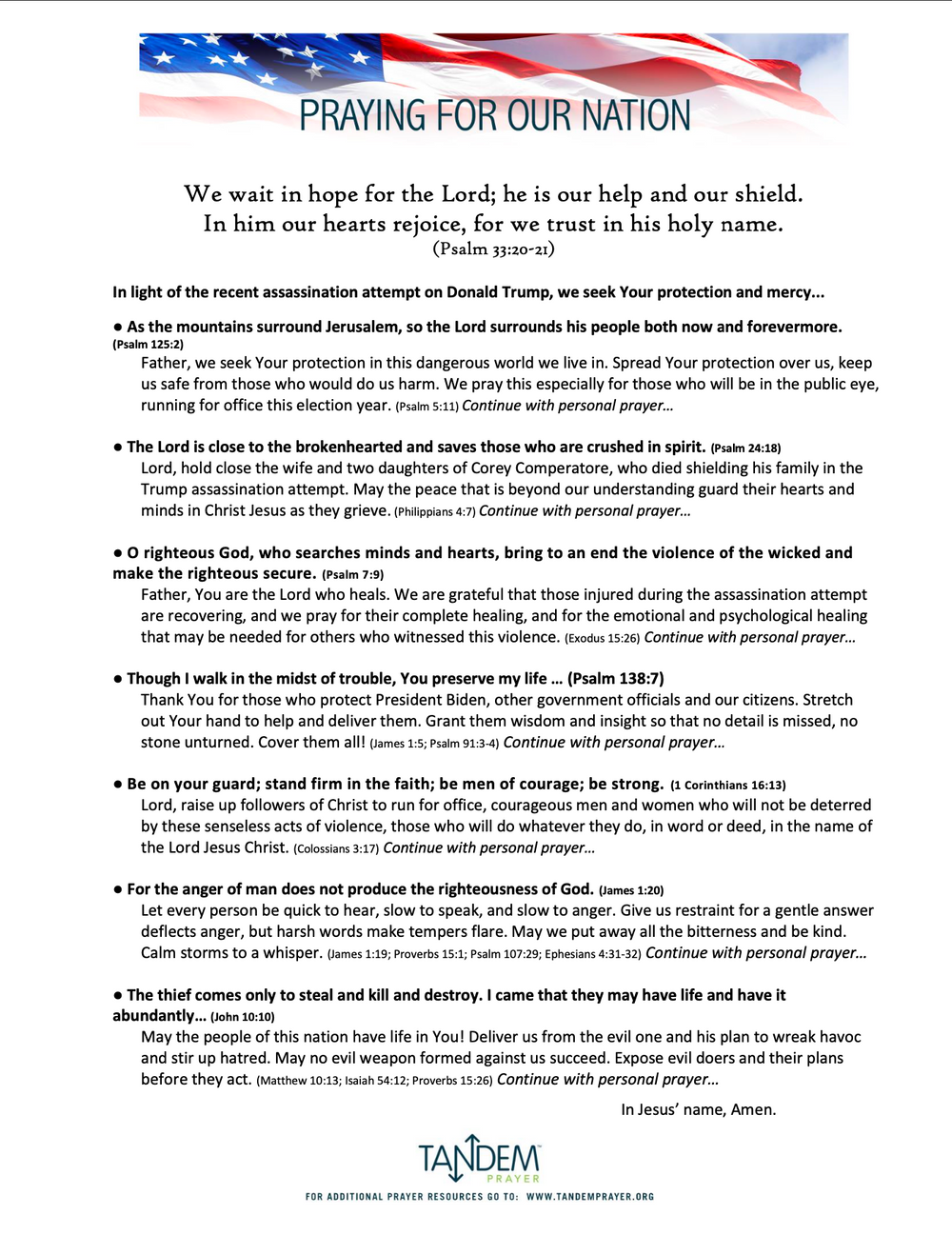 Prayer Guide for Our Nation - Tandem Prayer