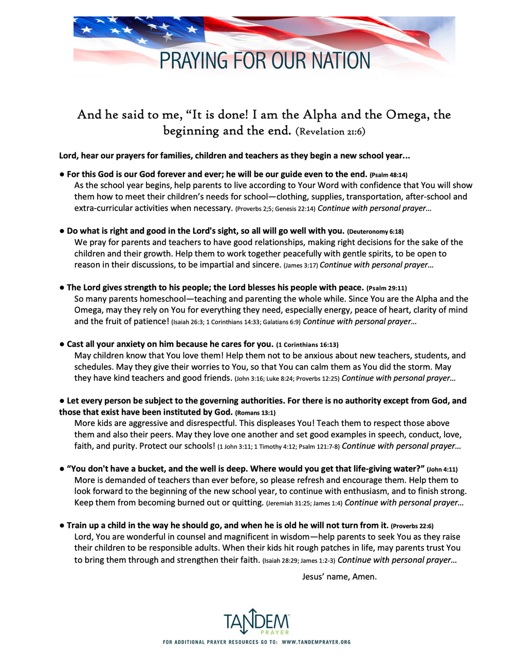 Prayer Guide for Our Nation - Tandem Prayer