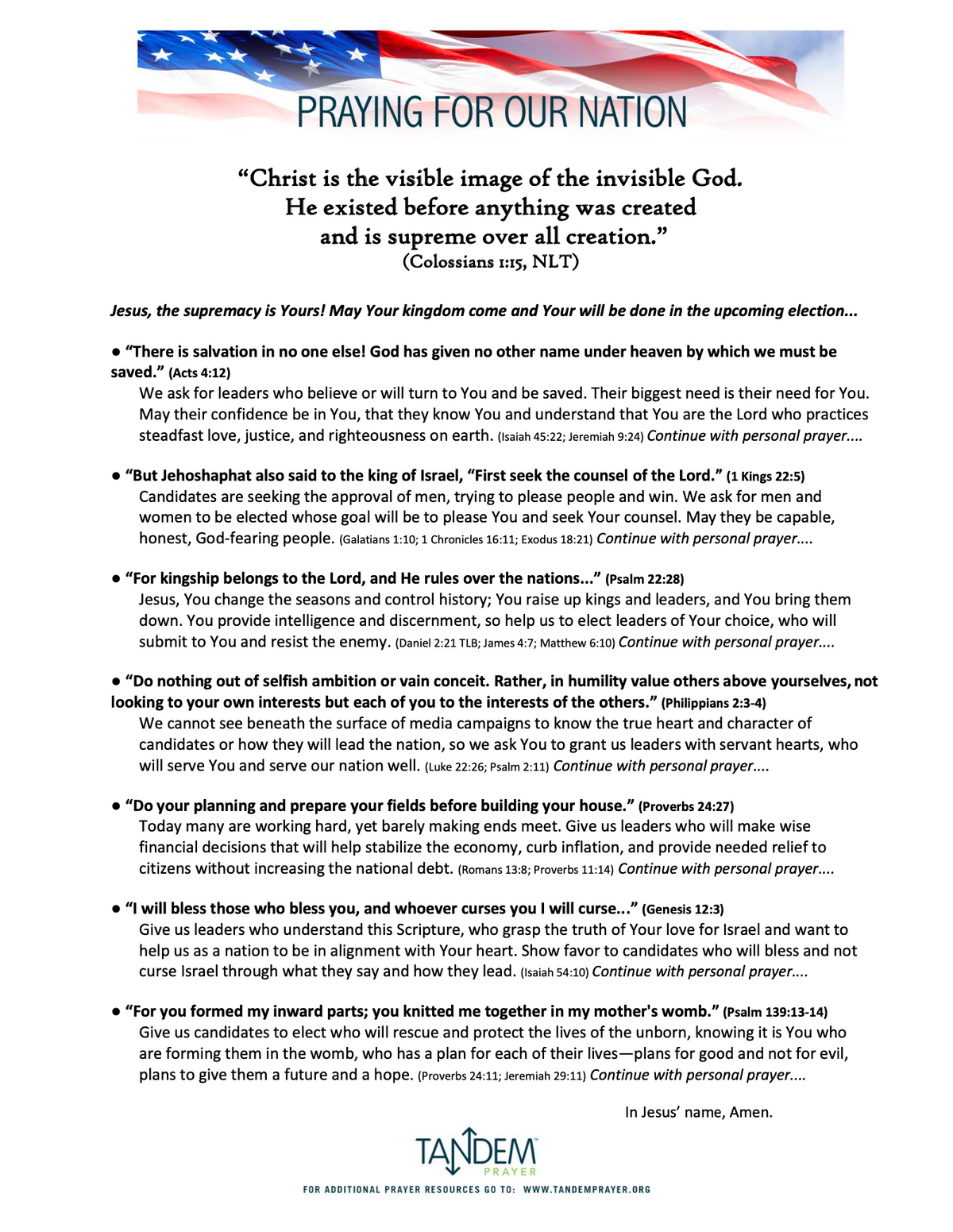 Prayer Guide for Our Nation - Tandem Prayer