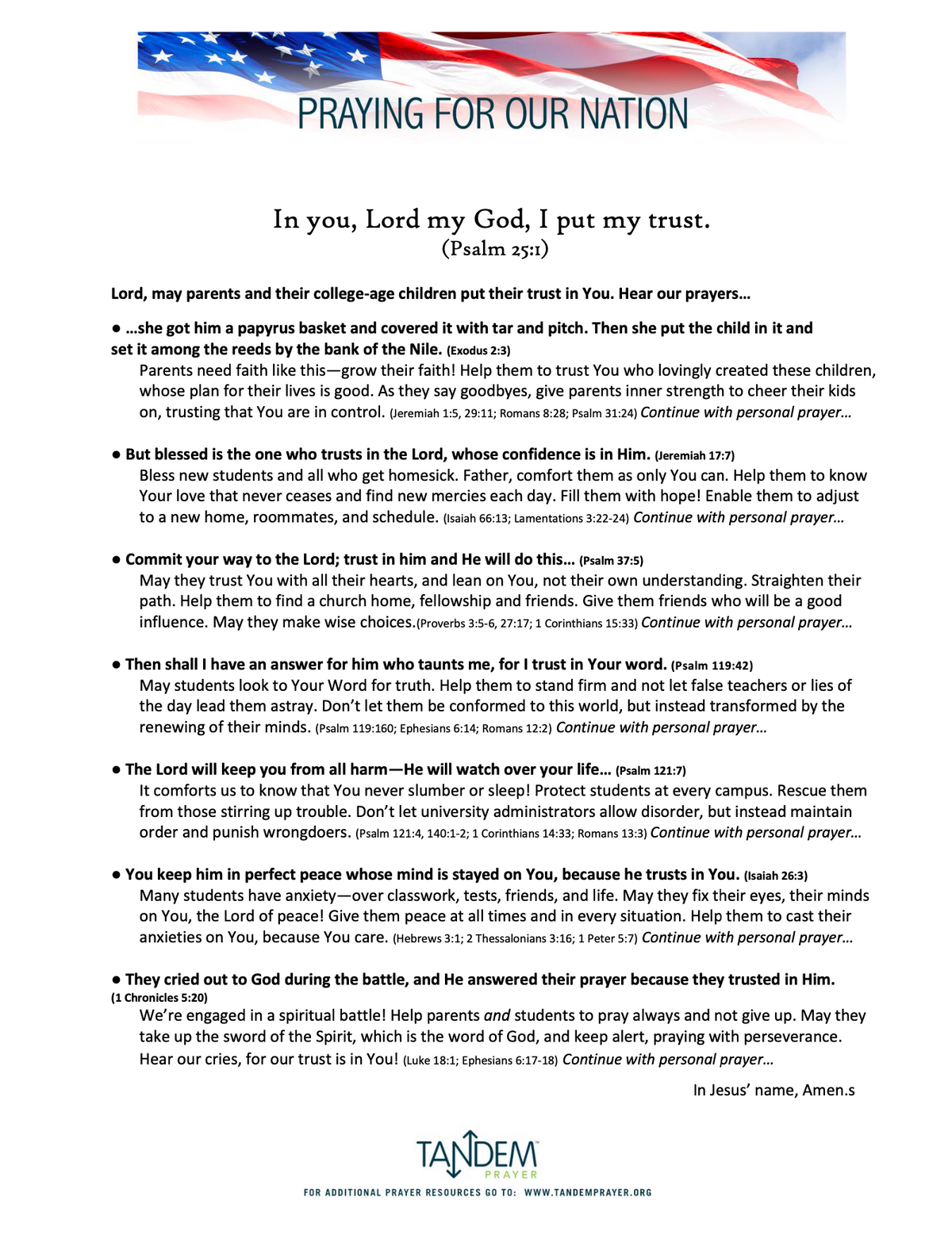 Prayer Guide for Our Nation - Tandem Prayer