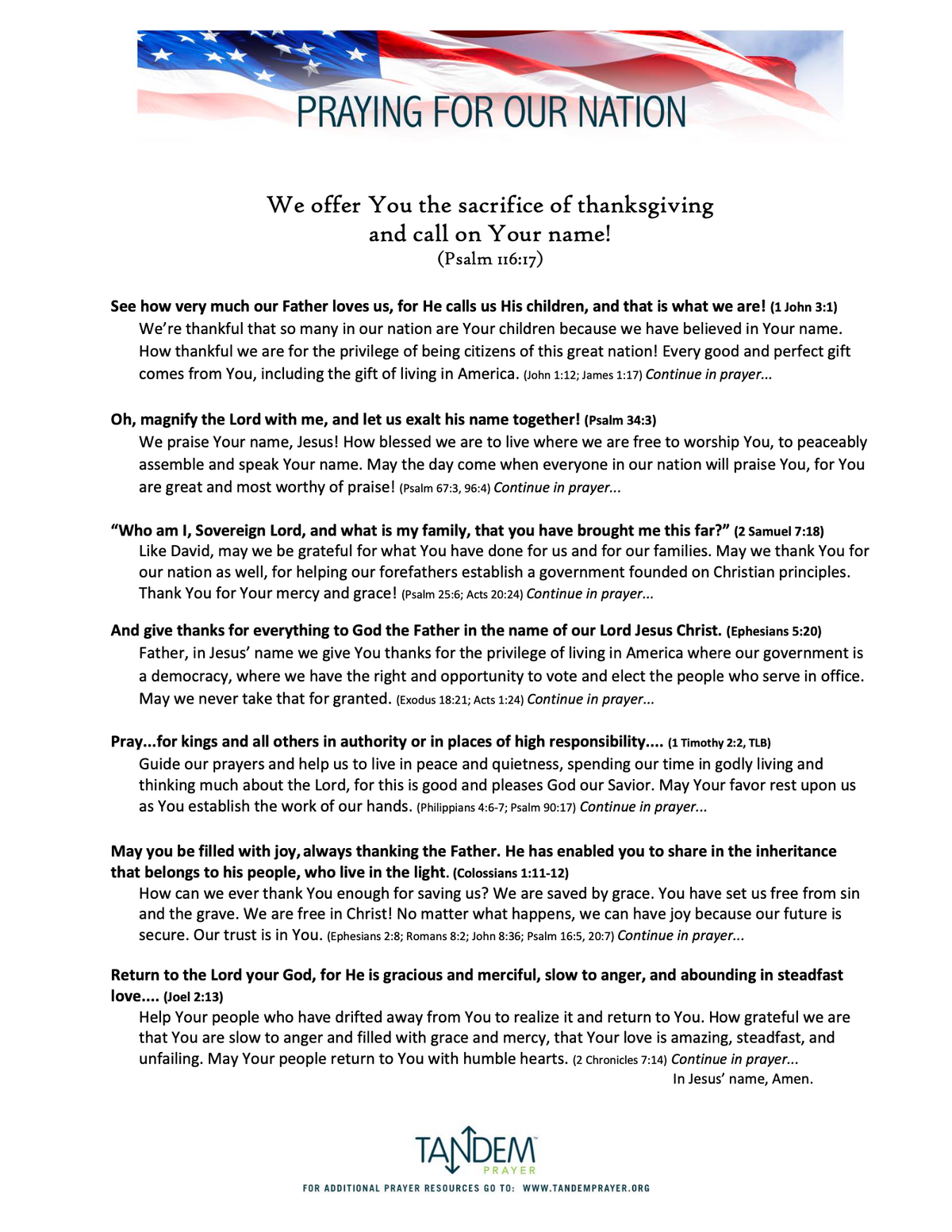 Prayer Guide for Our Nation - Tandem Prayer